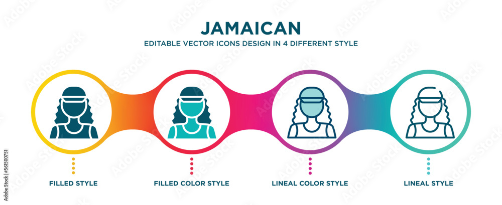 jamaican icon in 4 different styles such as filled, color, glyph ...