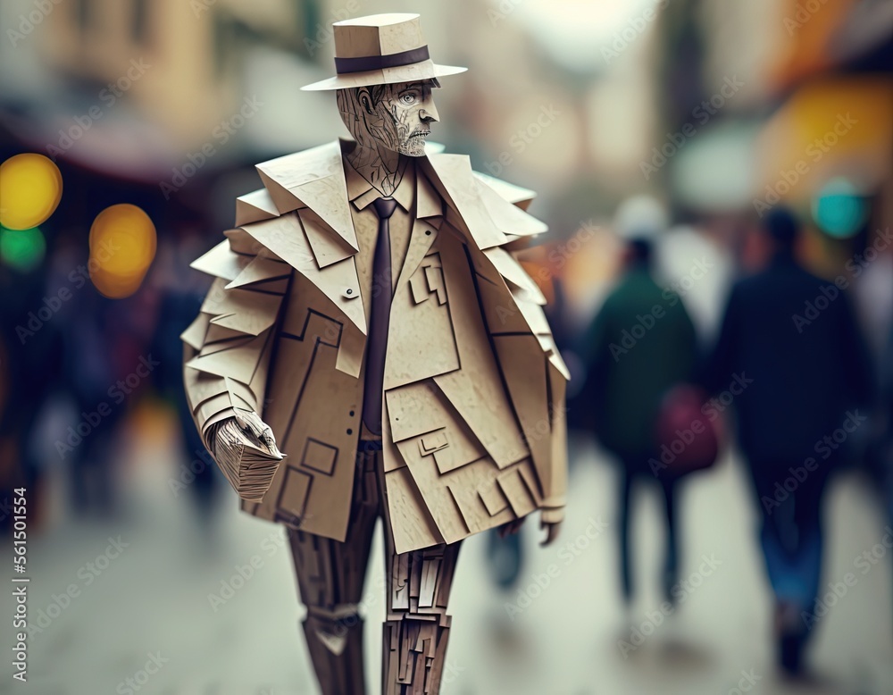 portrait of a paper man walking on urban street with blur crowd of ...