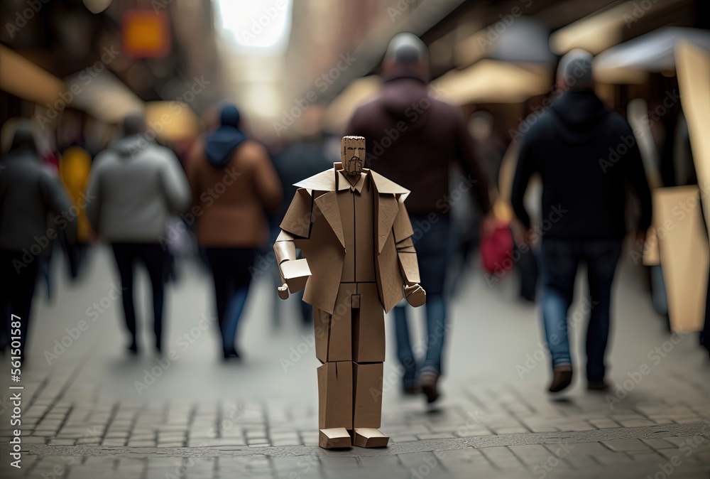 portrait of a paper man walking on urban street with blur crowd of ...
