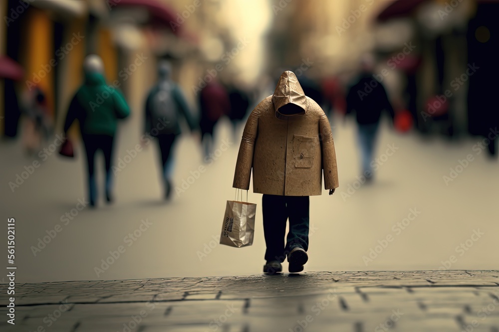 portrait of a paper man walking on urban street with blur crowd of ...