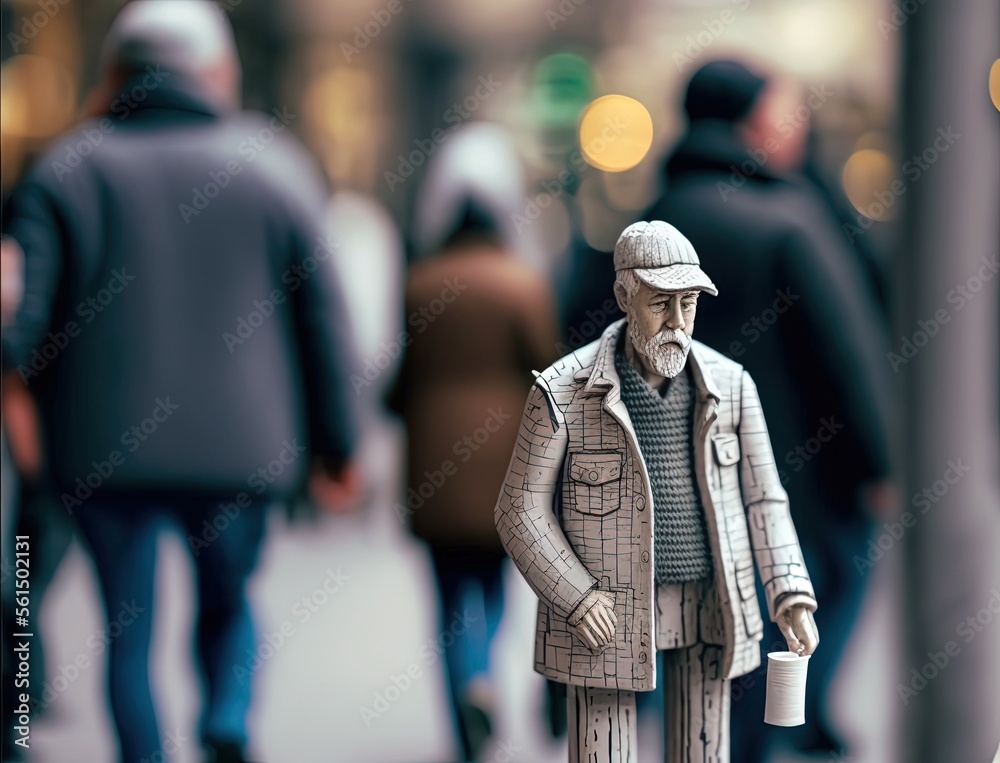 portrait of a paper man walking on urban street with blur crowd of ...