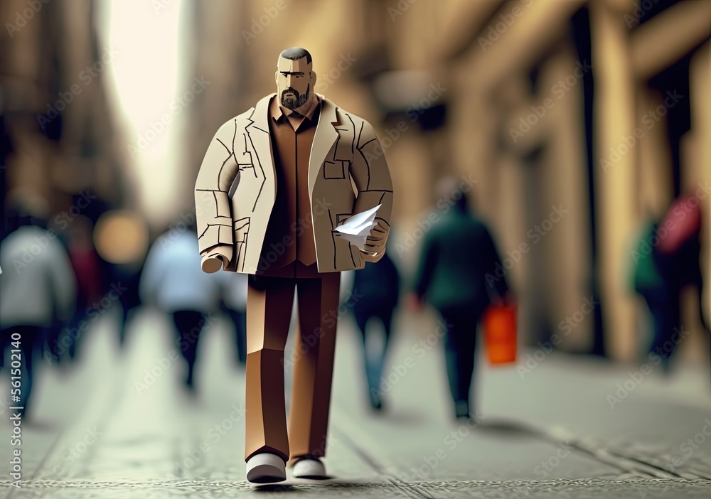 portrait of a paper man walking on urban street with blur crowd of ...
