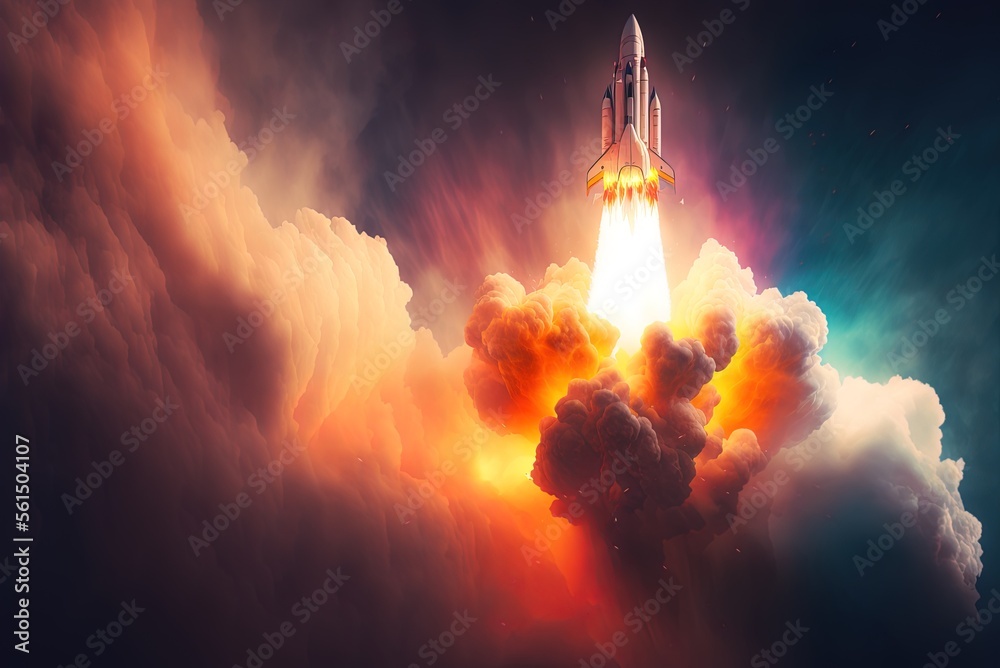 Fire from the rocket, a trail of smoke, and the commencement of the ...