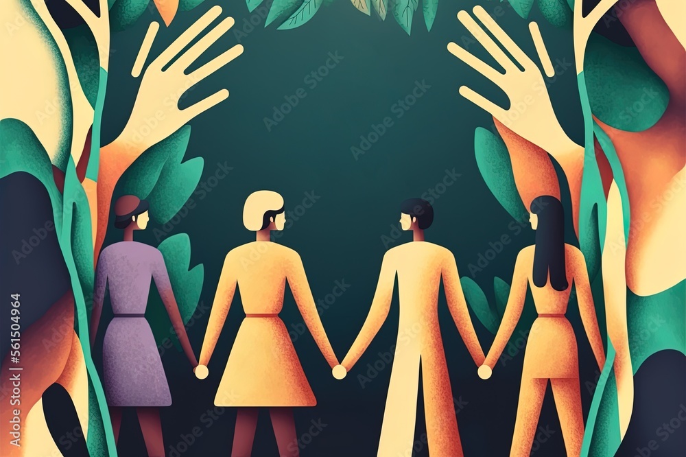 Banner depicting a group of people holding hands represents a sense of ...