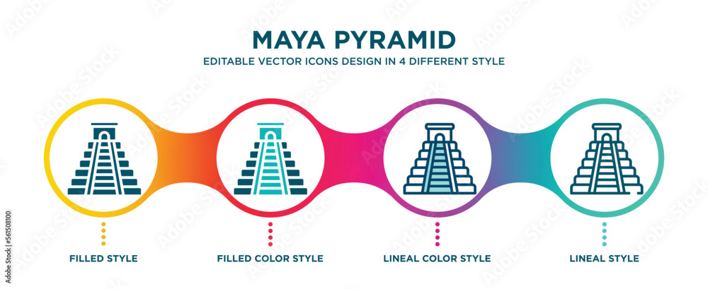 maya pyramid icon in 4 different styles such as filled, color, glyph ...