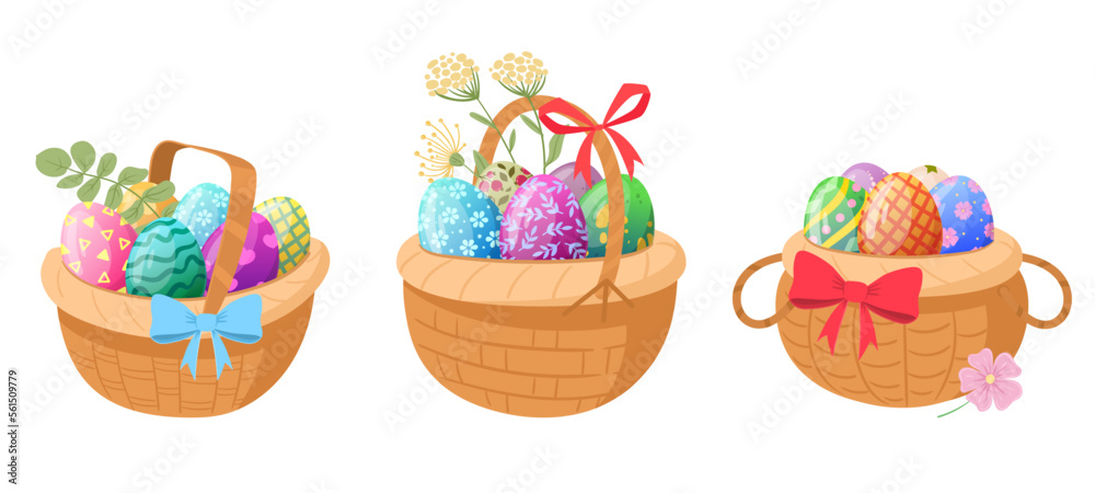 Cartoon easter eggs baskets. Painted easter eggs in wicker baskets ...