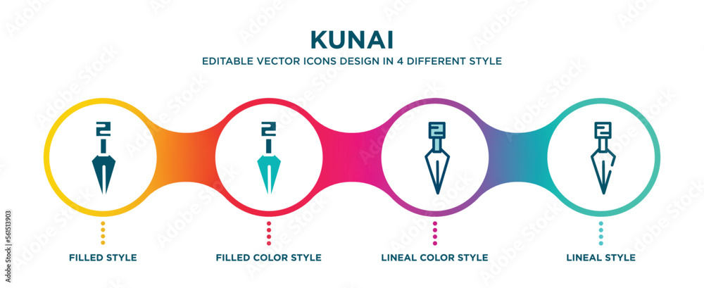 Vetor de kunai icon in 4 different styles such as filled, color, glyph ...