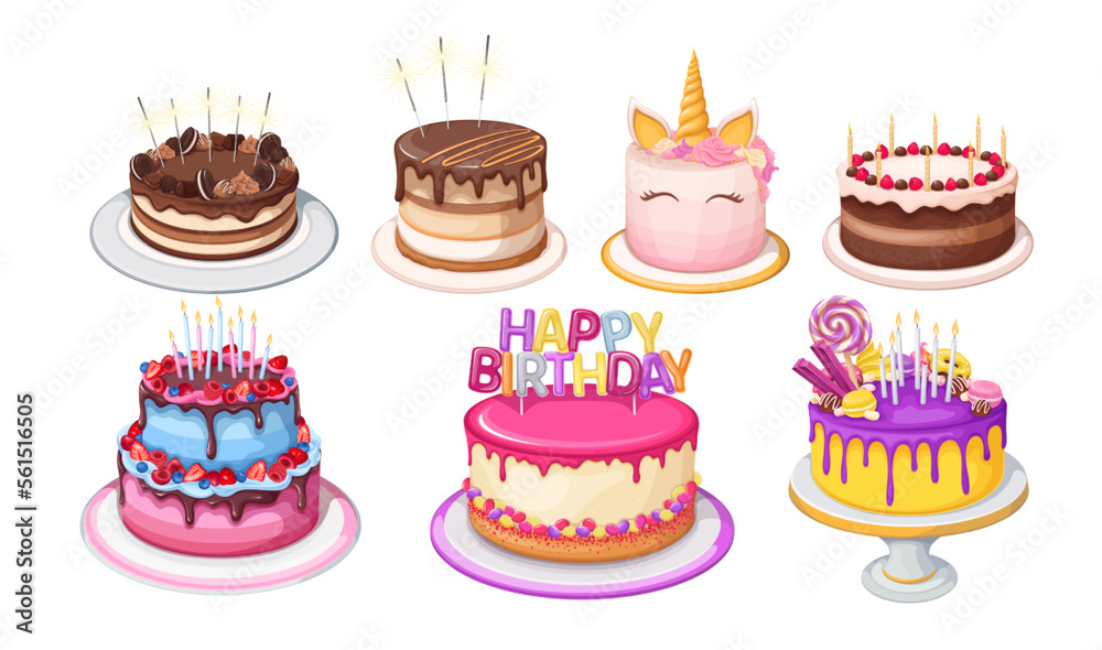 Birthday cake set vector illustration. Cartoon isolated delicious ...