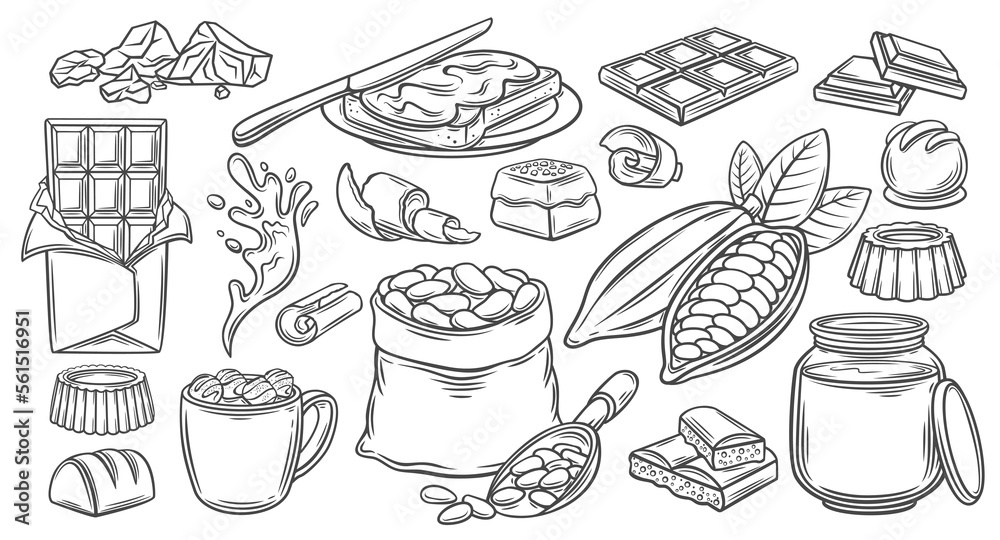 Chocolate line icons set vector illustration. Hand drawn outline cup ...