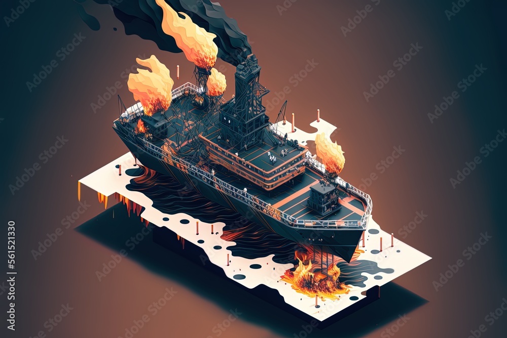 Isometric web banner depicting the explosion at an oil rig. the area ...
