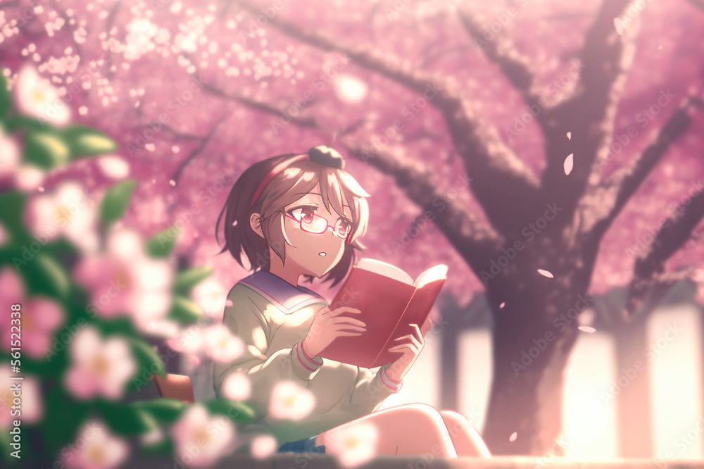 Girl reading a book under blooming sakura tree. Anime style wallpaper ...