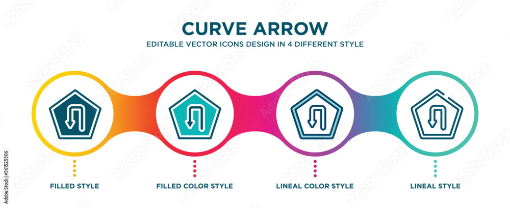 curve arrow icon in 4 different styles such as filled, color, glyph ...