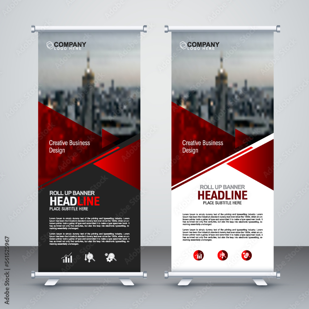 Roll up banner stand template design, red banner layout, advertisement ...