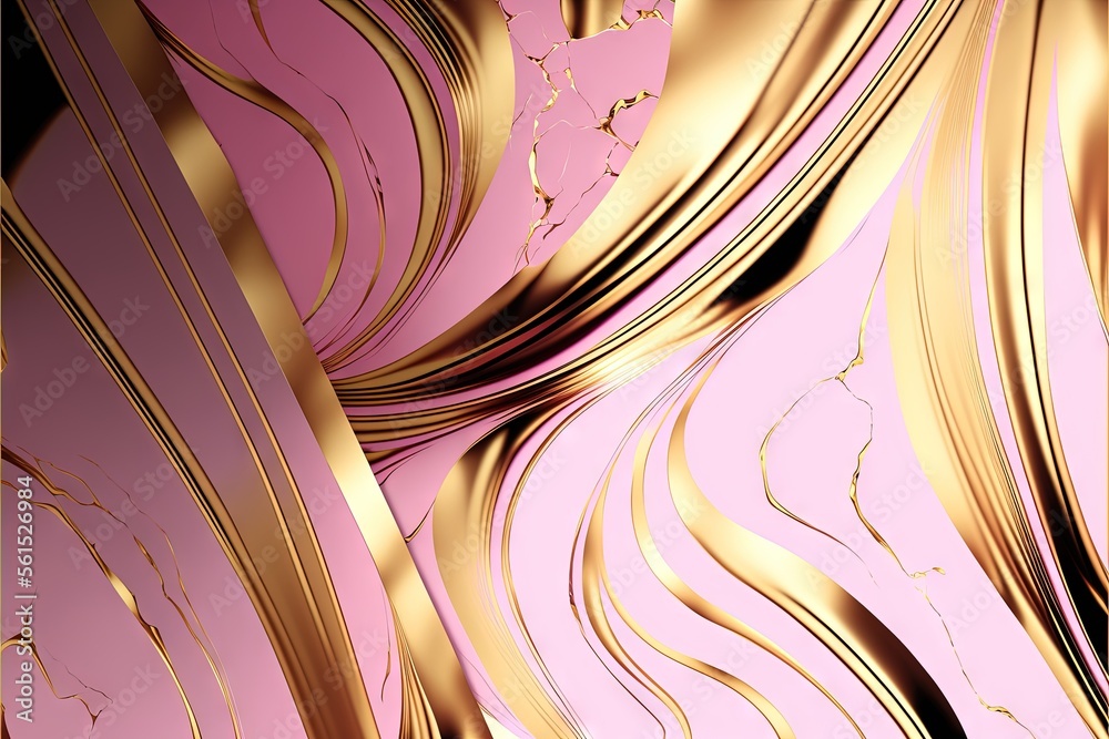 a pink and gold abstract background with wavy lines and curves in the ...