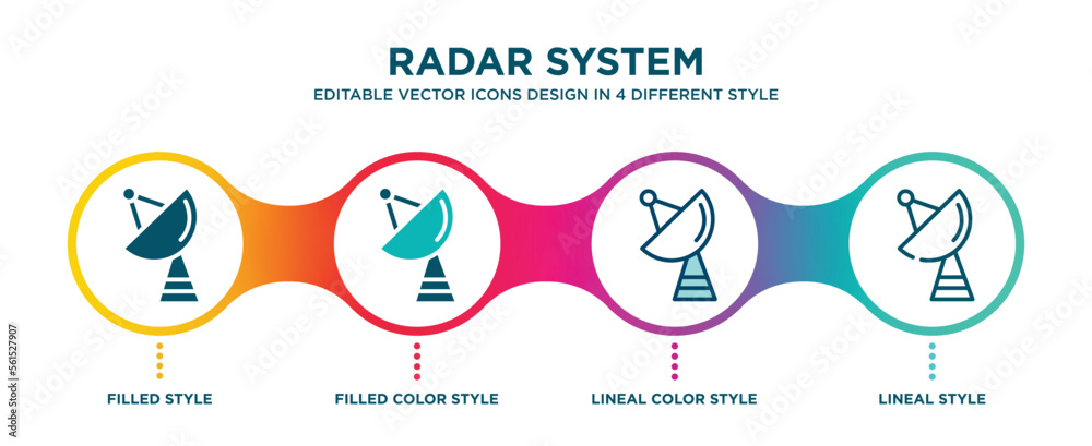 radar system icon in 4 different styles such as filled, color, glyph ...