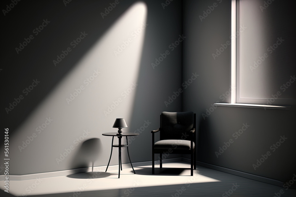 mock up of a dark room interior with shadows cast by sunshine, a gray ...