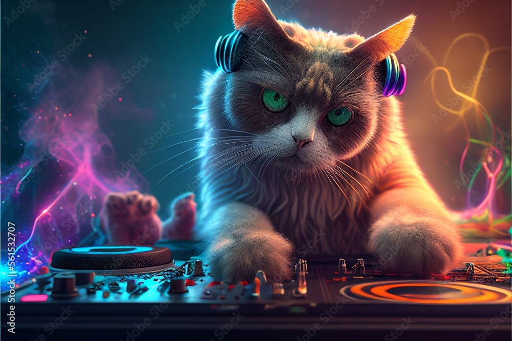 Cat as a DJ created with generative AI technology Stock Illustration ...