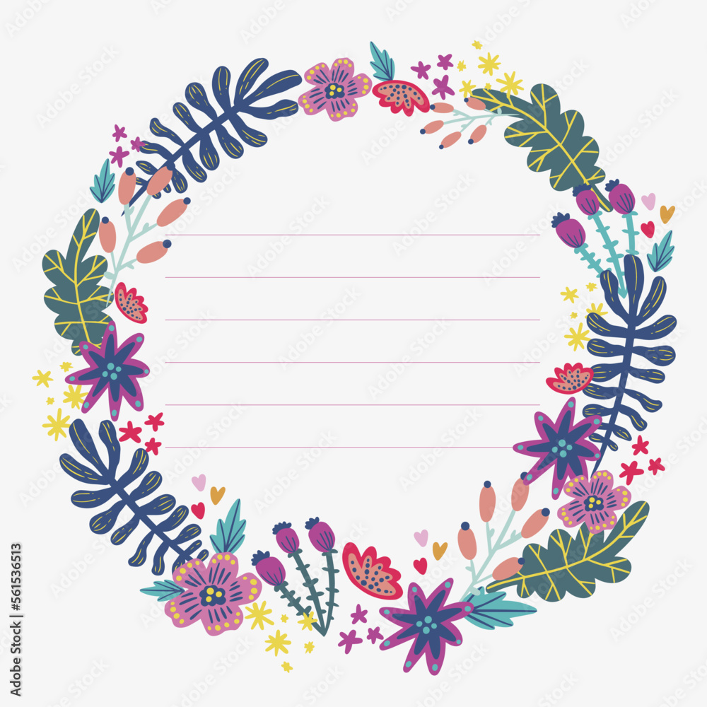 Round floral border frame with hand drawn flowers and leaves, template ...