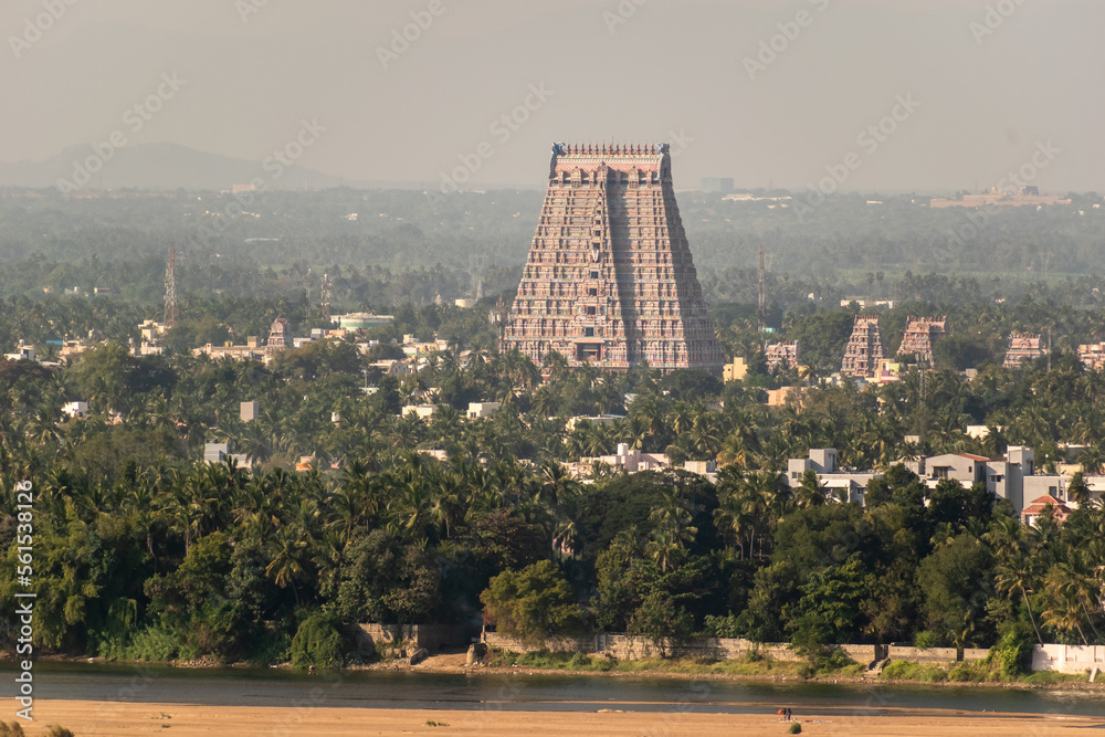 An aerial view of the tall gopuram tower of the Sri Ranganathaswamy ...
