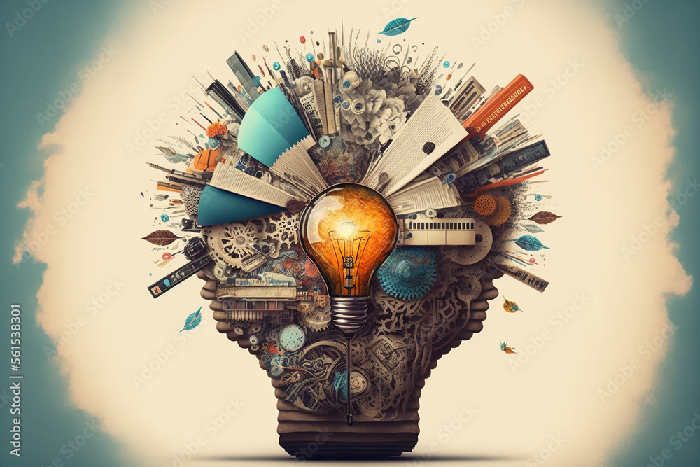 Papercut Brain with lightbulb, gears, cogs books, inspired by ...