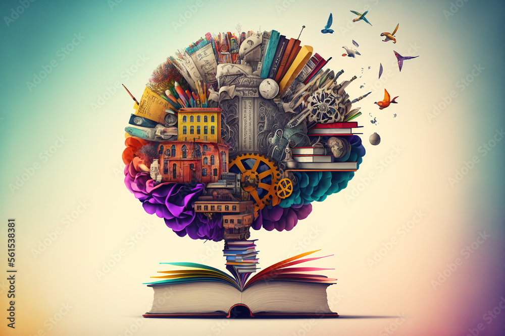 Colorful Brain with lightbulb, gears, cogs books, inspired by ...