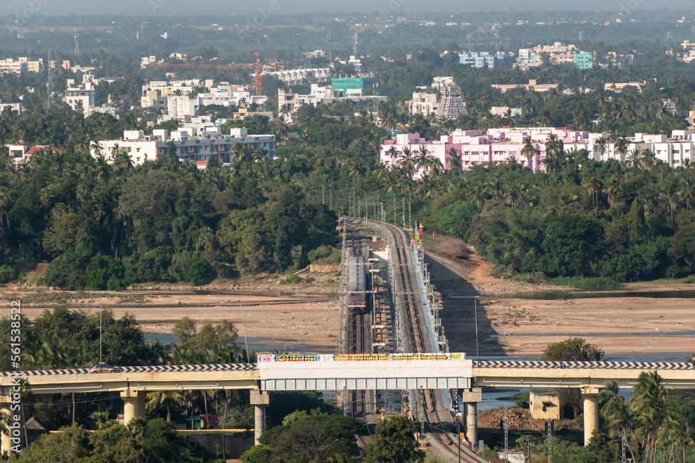 An aerial view of the railway bridge between the towns of ...