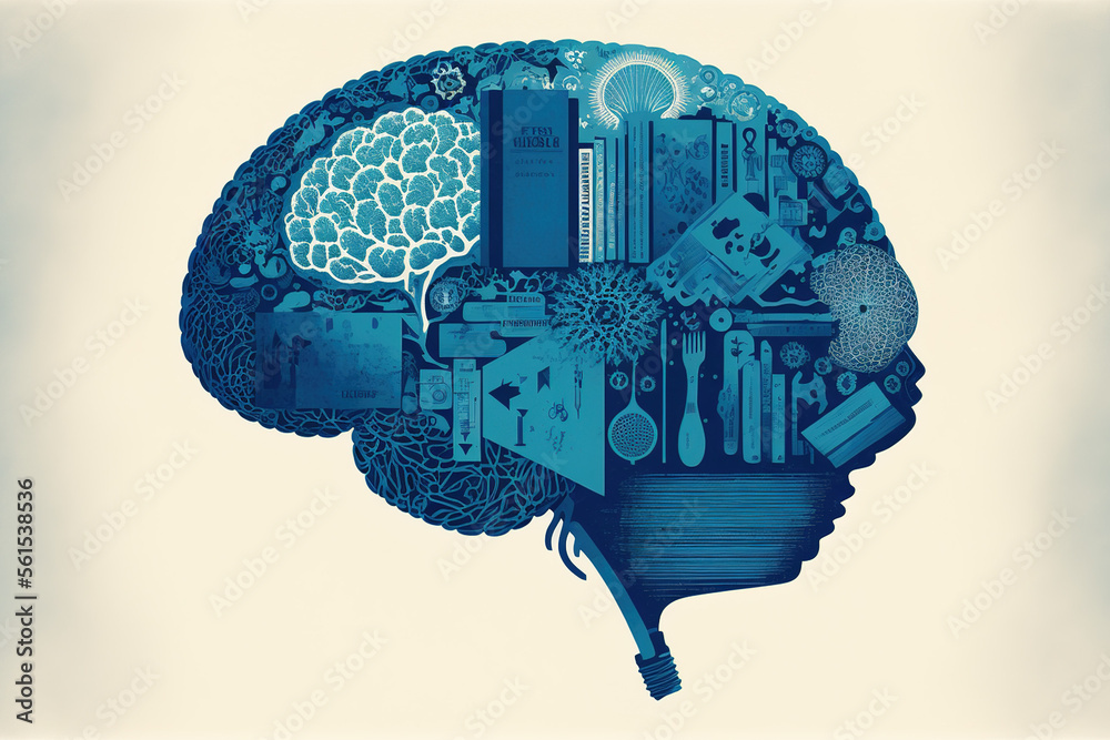 Blueprint brain with lightbulb, gears, cogs books, inspired by ...