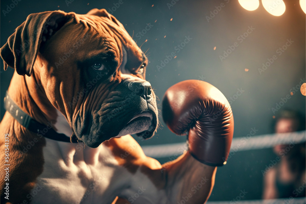 boxer dog in boxing gloves shows biceps after winning the ring ...