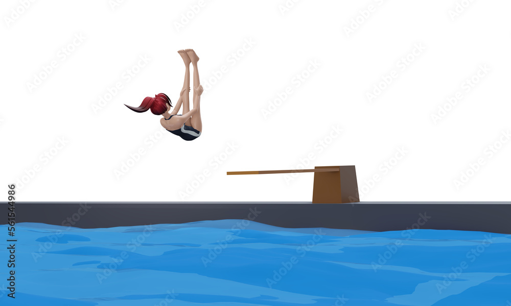 3d rendering. Diving board and female swimmer in swimsuit that jumps ...
