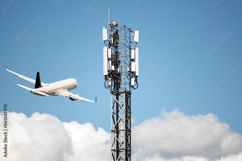 Mobile phone cell tower with 5G on the C Band frequencies with aircraft ...