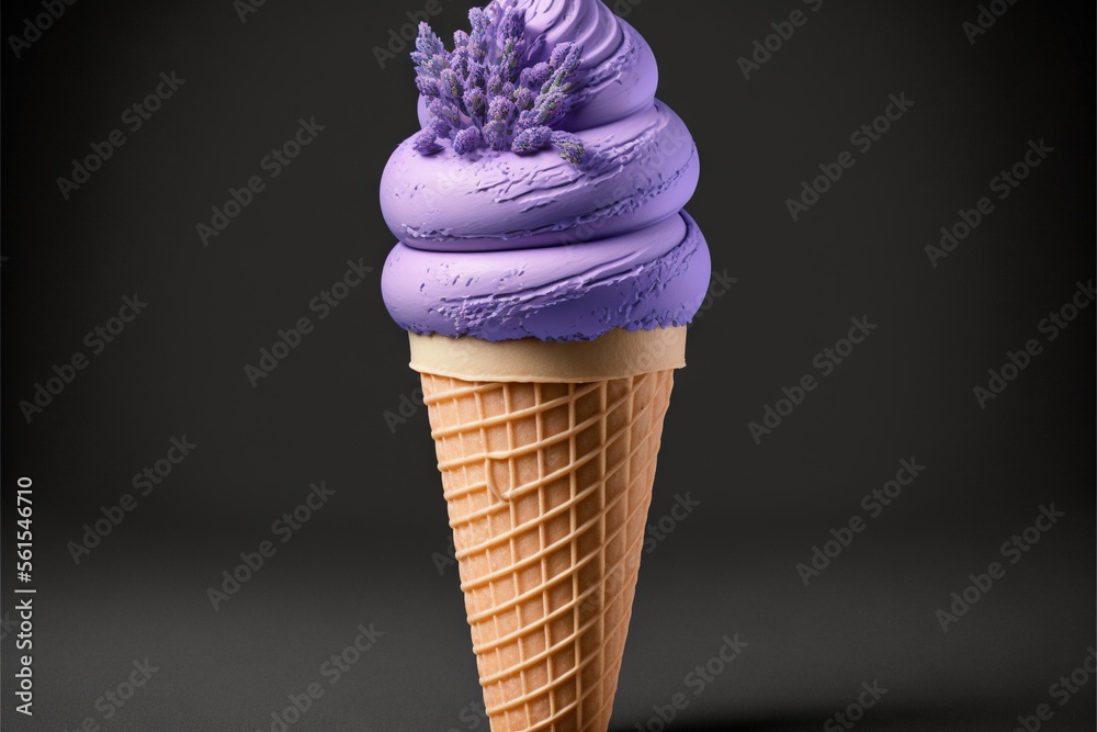 a purple ice cream cone with a purple frosting on top of it and a ...