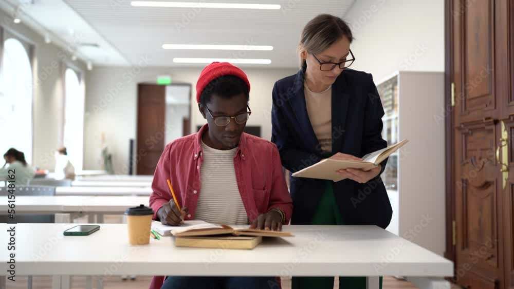 Two multiracial students studying together in library. Young diverse ...