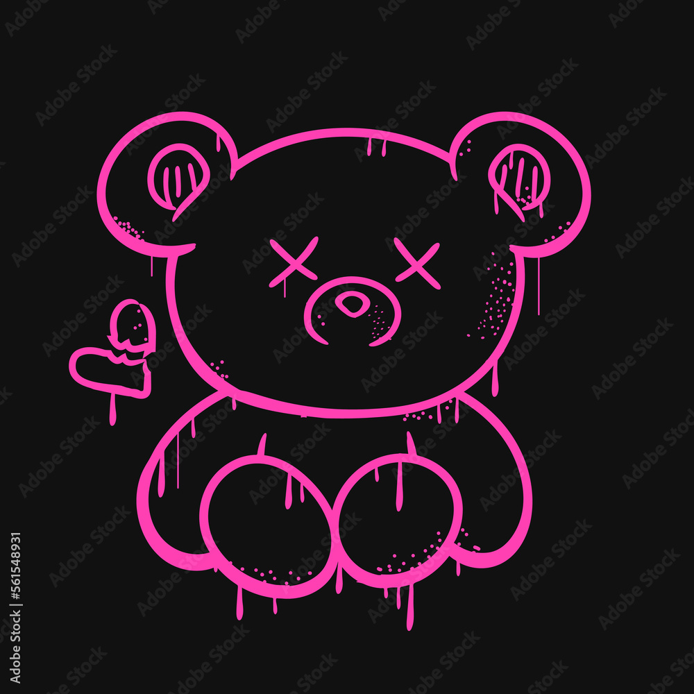 Pink dead bear toy print for t-shirt. Vector cartoon graffiti style ...