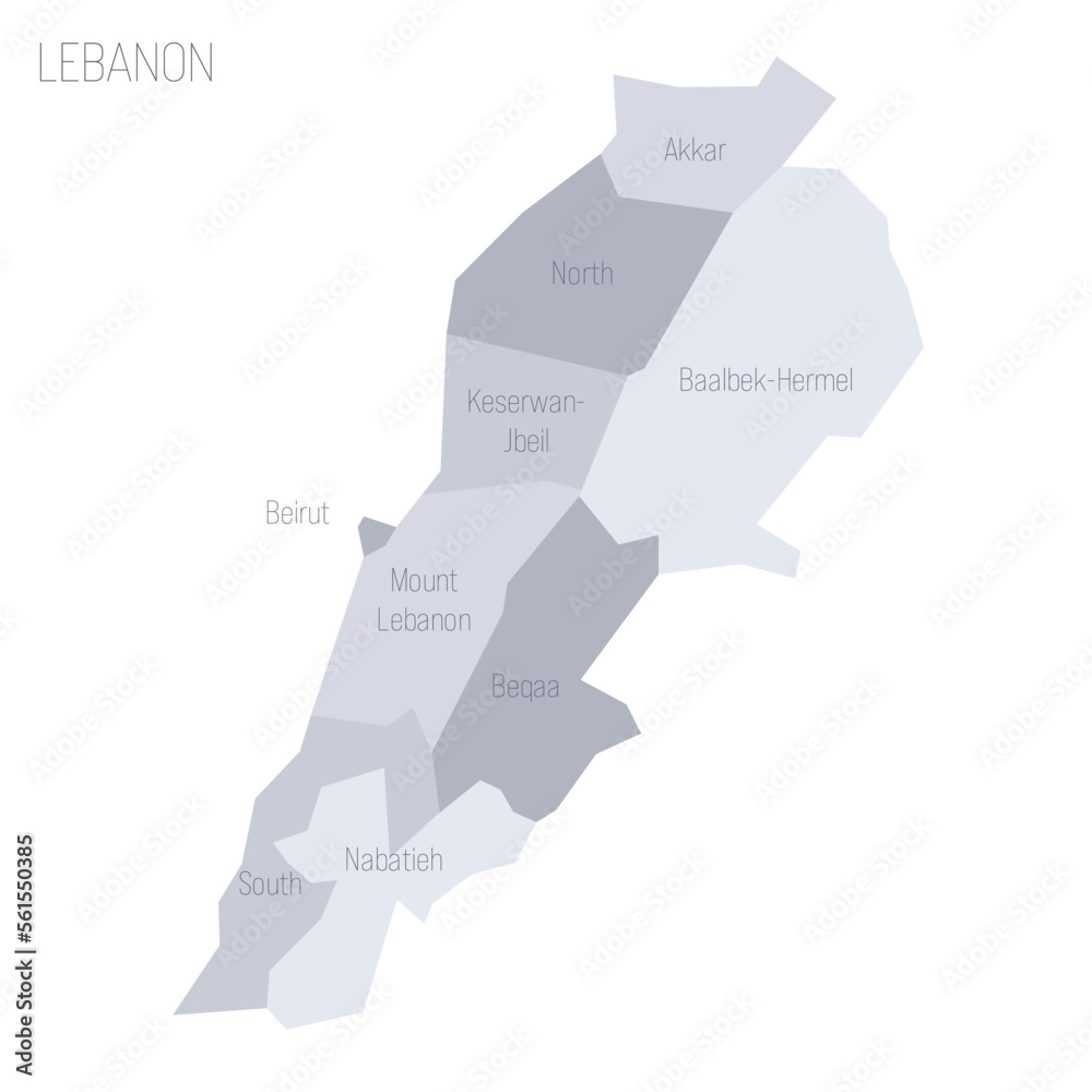 Lebanon political map of administrative divisions - governorates. Grey ...