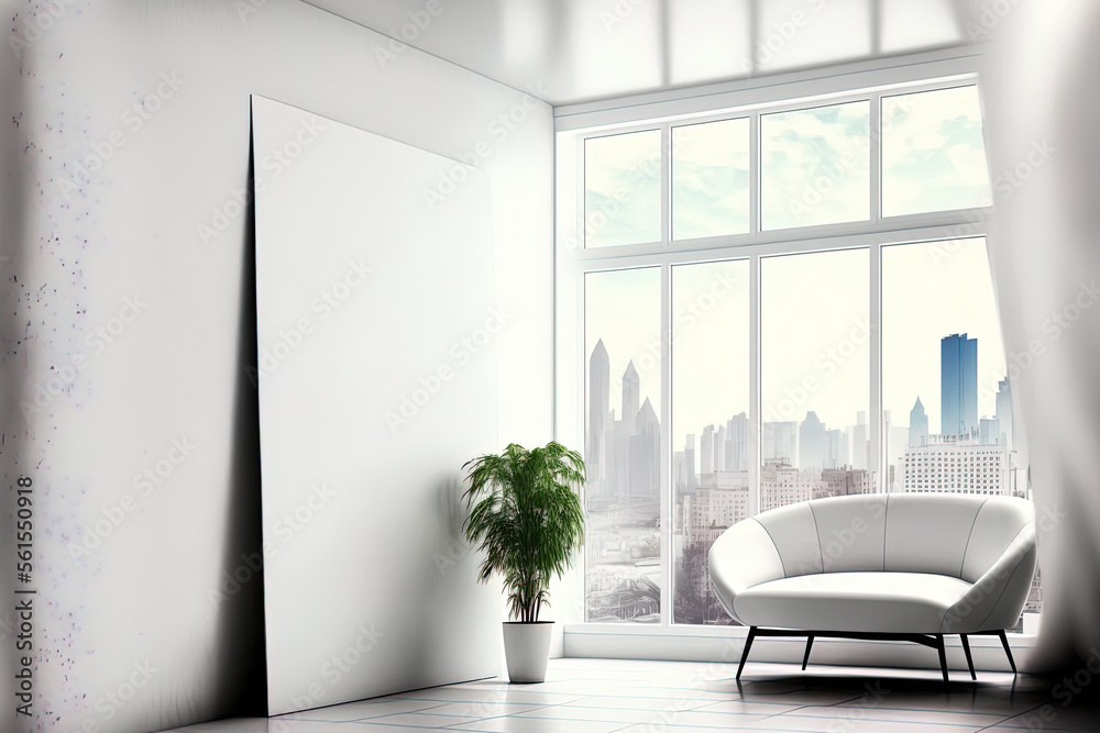 Modern white studio interior with empty white mock up banner on wall ...