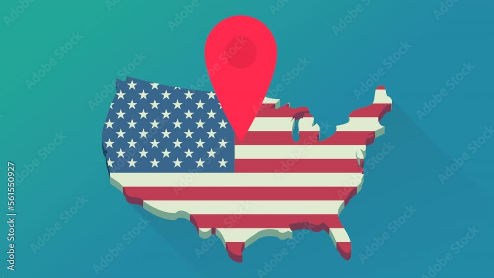 Looping animation with red location marker jumping on 3D map of USA in ...