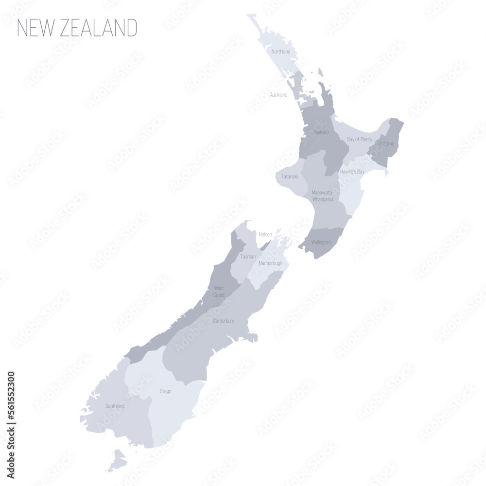 New Zealand political map of administrative divisions - regions. Grey ...