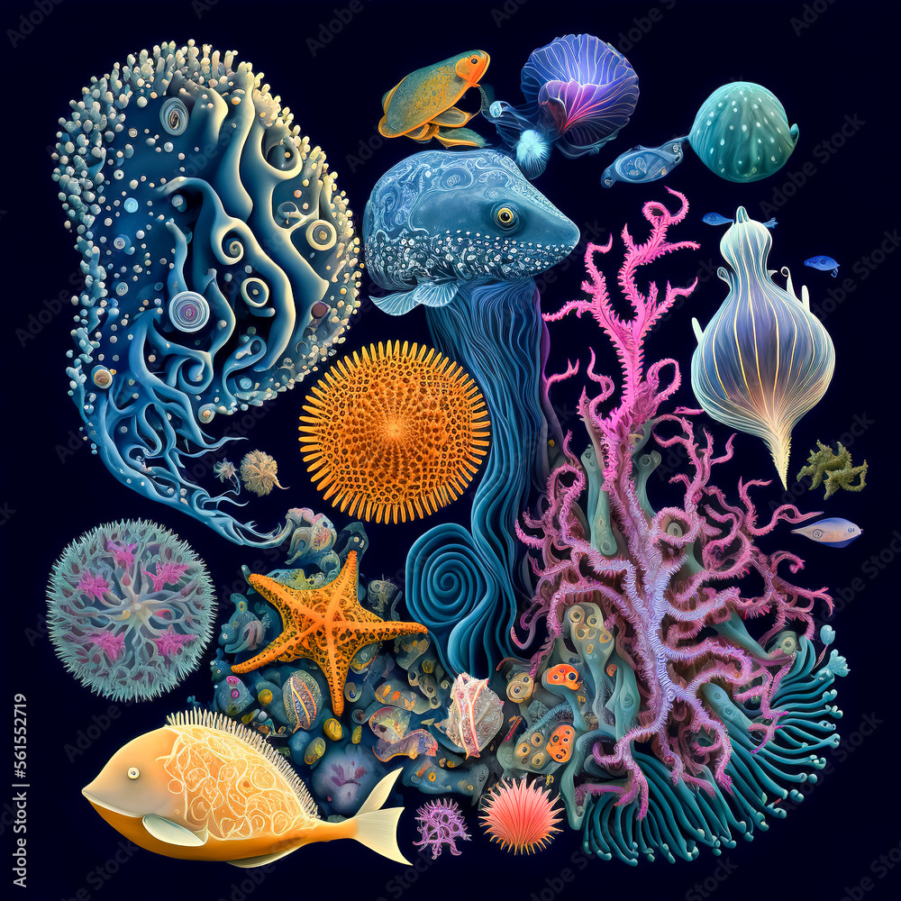 Plankton cartoon set on black background. phytoplankton. Generative AI ...