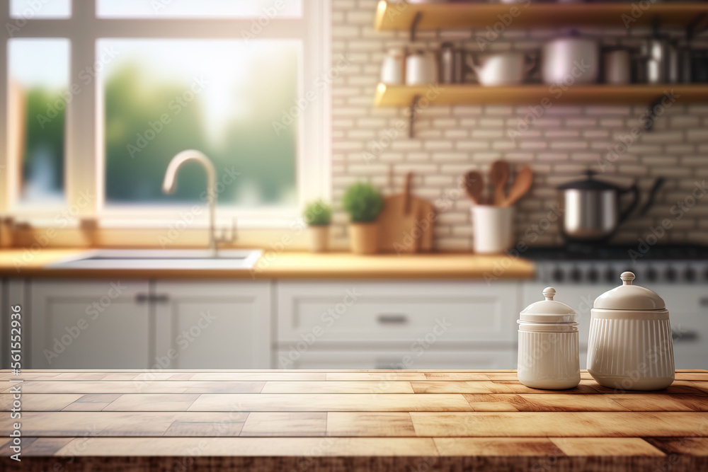 Wood table top with a background of a kitchen room in blur. Mockup ...