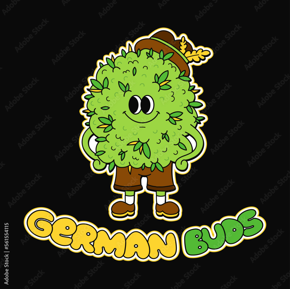 Cute cannabis bud character. German buds logo concept. Vector cartoon ...
