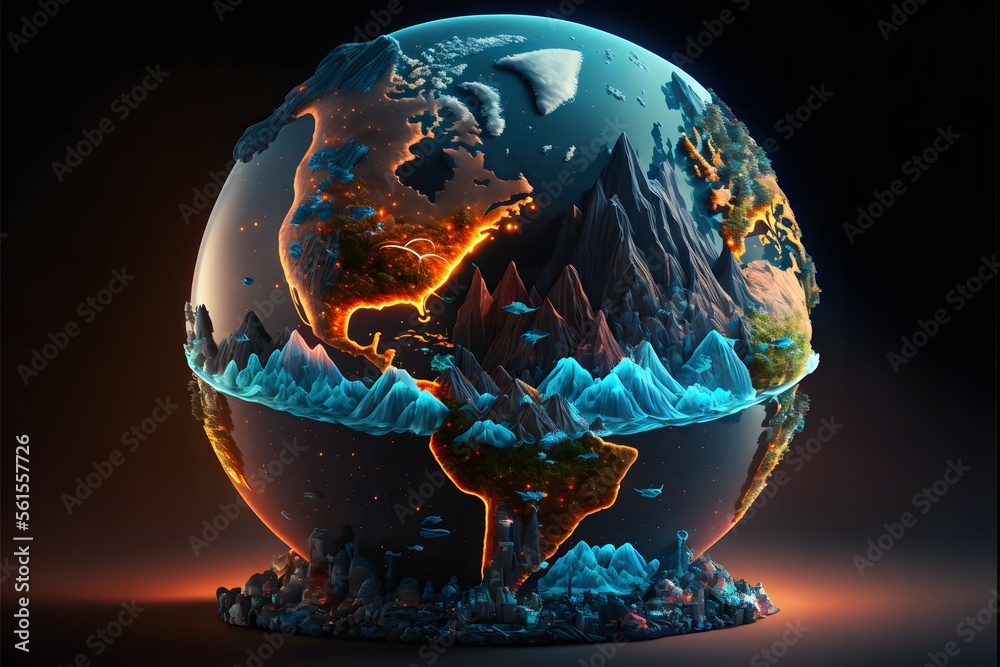 Graphic illustration of the planet earth or globe with buildings, land ...