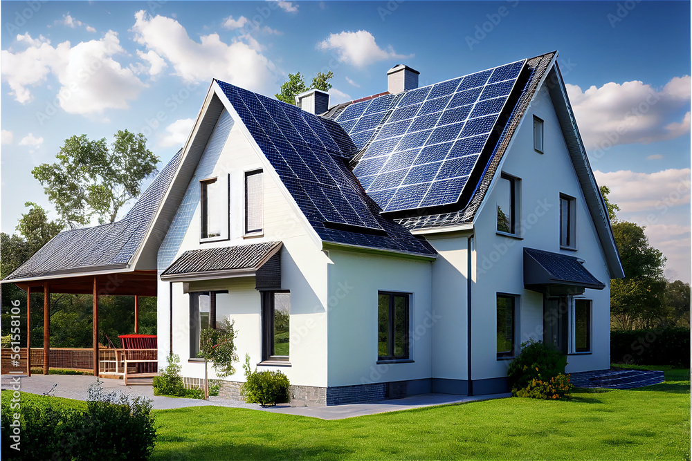 House with solar panels on the roof, ideal for sustainable energies ...