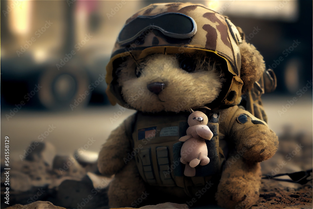 Teddy bear in combat gear in a battle field, symbolizing the horrors of ...