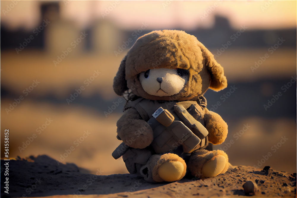 Teddy bear in combat gear in a battle field, symbolizing the horrors of ...
