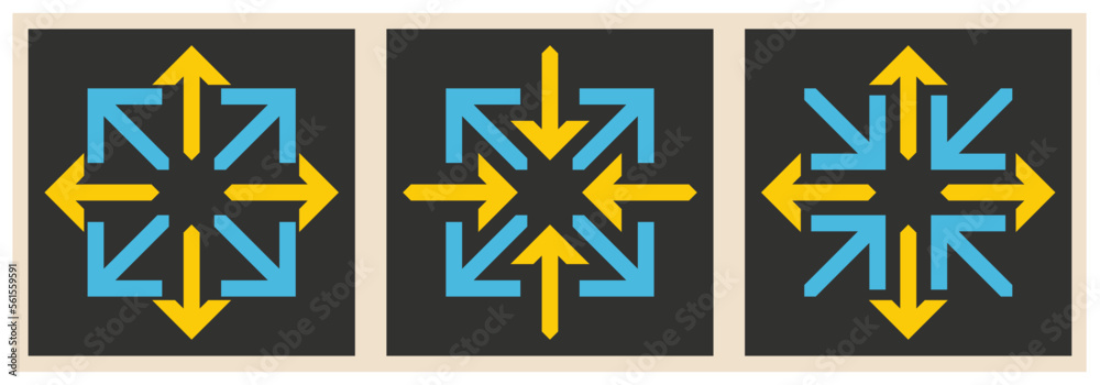 Black and white arrows represent expansion, contraction, motion in and ...
