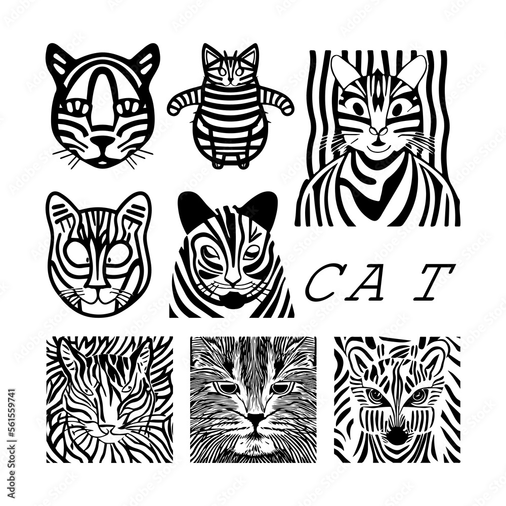 Set of 8 stylish vector illustrations of cats with zebra-inspired ...