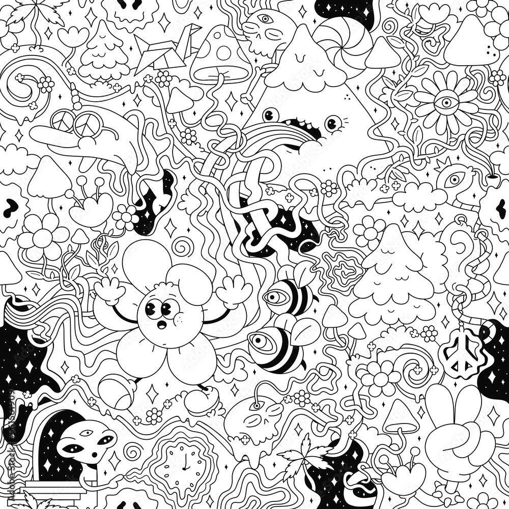 Psychedelic trippy seamless pattern art.Mushroom,magic wizard smoking ...