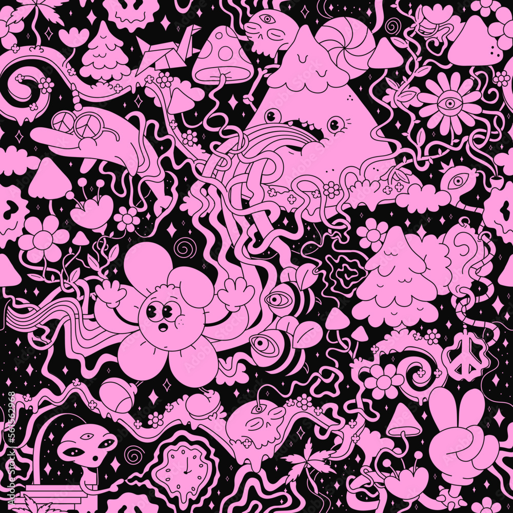 Psychedelic trippy seamless pattern art.Mushroom,magic wizard smoking ...