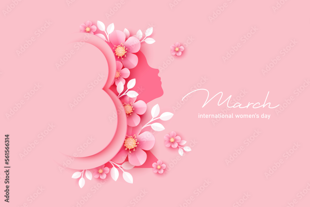 8 March. International Women's Day greeting card. Paper art pink ...