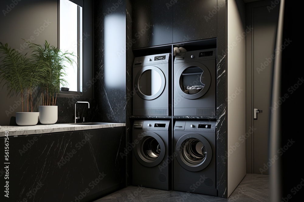 Two washing machines, a corner bathroom made of black marble, with ...